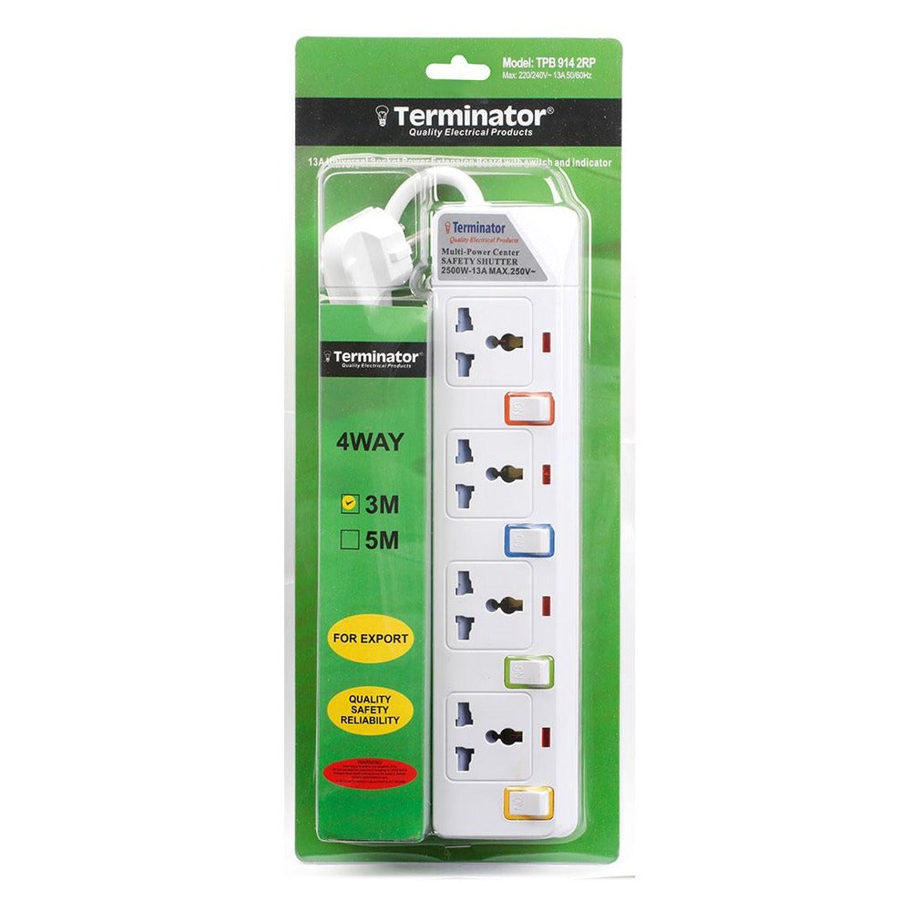 Terminator 4 Way Universal Power Extension Socket with Individual Swit ...